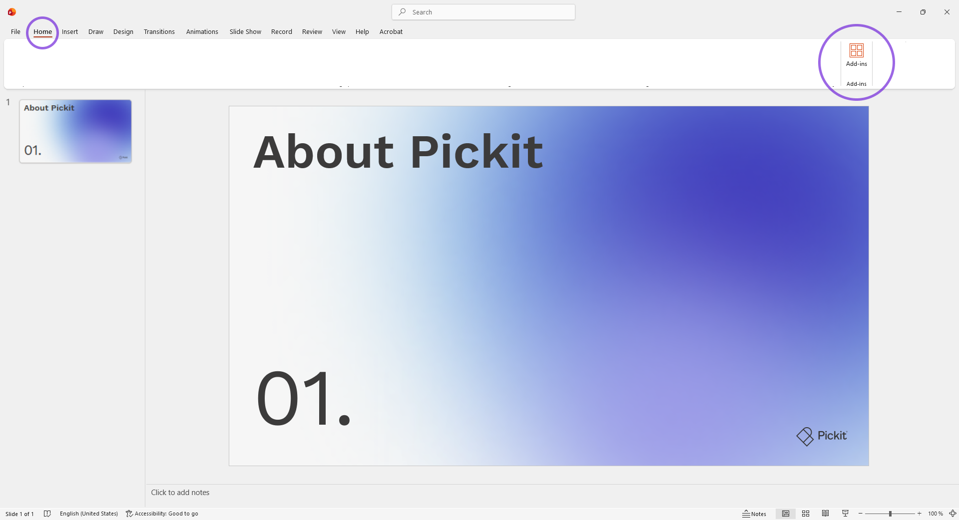How do I install the Pickit add-in in PowerPoint and Word?