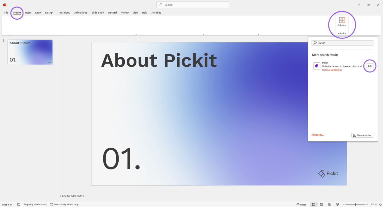 How do I install the Pickit add-in in PowerPoint and Word?