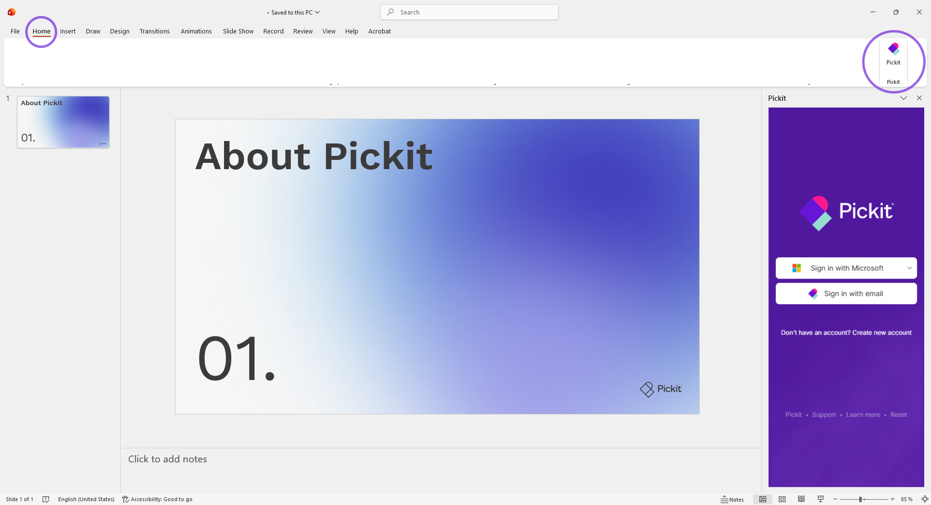 How do I install the Pickit add-in in PowerPoint and Word?